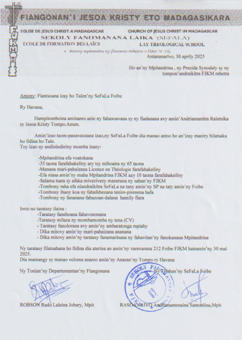 Fiantsoana izay ho Talen’ny SeFaLa Foibe - FJKM
